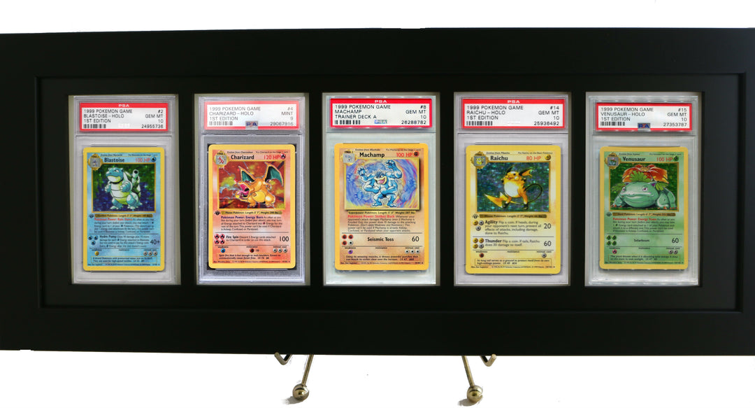 Pokemon Card Frame/Display w/ FIVE PSA Graded Card Openings-Black Desi